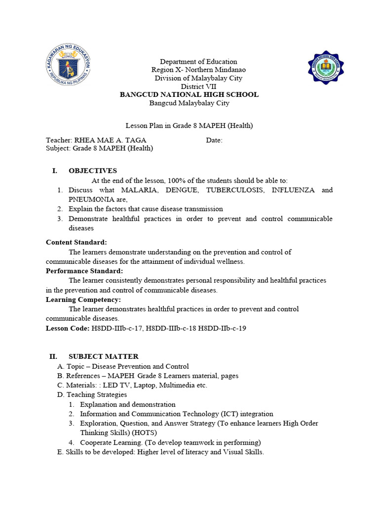 LESSON PLAN GRADE 8 Commnicable Disease | PDF | Learning | Teachers