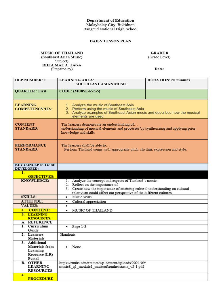 Grade 8 Music of Thailand Lesson Plan | PDF