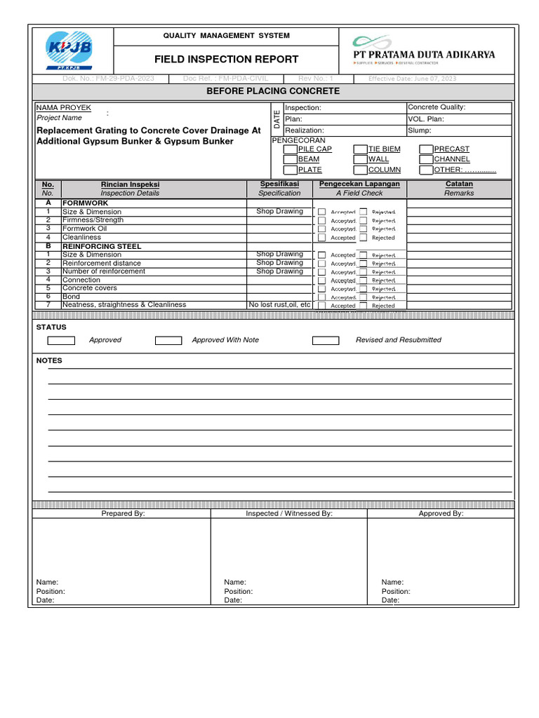 Inspection Report | PDF | Concrete | Materials
