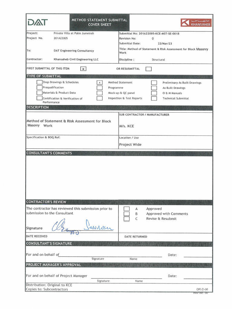Method Statement & Risk Assessment For Block Masonry Work | PDF