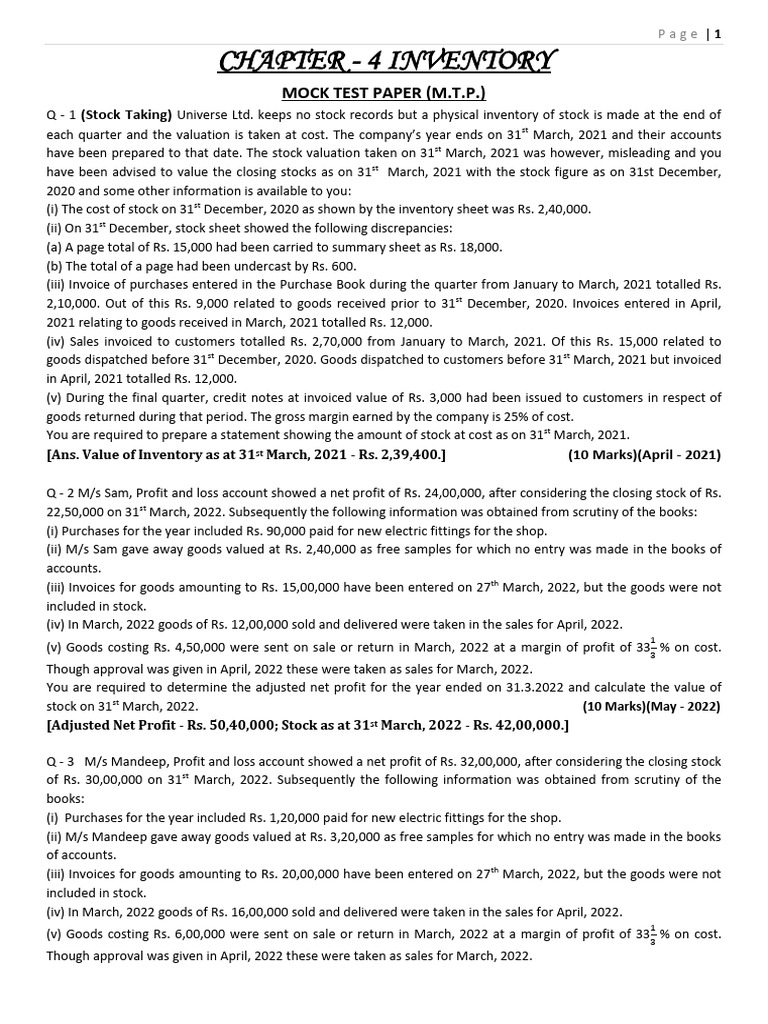 Inventory MTP,RTP & PYQ ca foundation | PDF | Inventory | Stocks