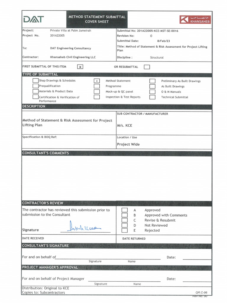 Method Statement & Risk Assessment For Project Lifting Plan | PDF ...
