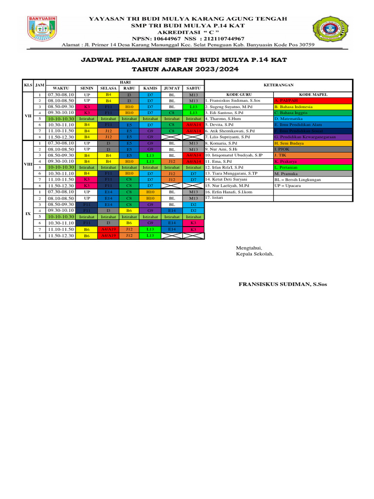 Jadwal Pelajaran SMP 2023-2024 | PDF