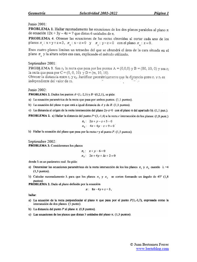 Problemas. Geometría - Selectividad BertoBlog | PDF | Geometría ...