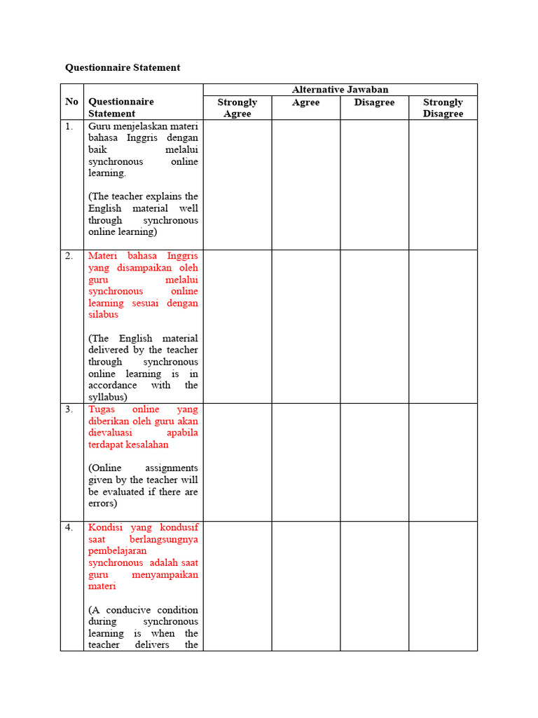 Questionnaire Statement-EXAMPLE-Students' Perception Toward Synchronous ...