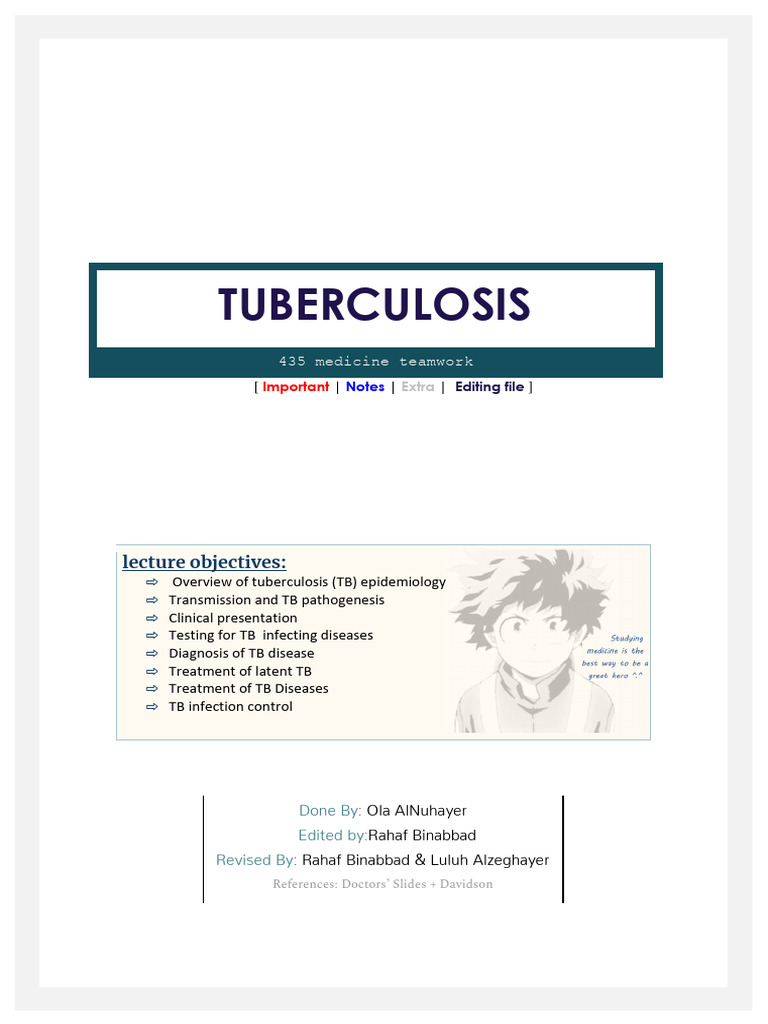 Tuberculosis: Lecture Objectives | PDF | Tuberculosis | Infection