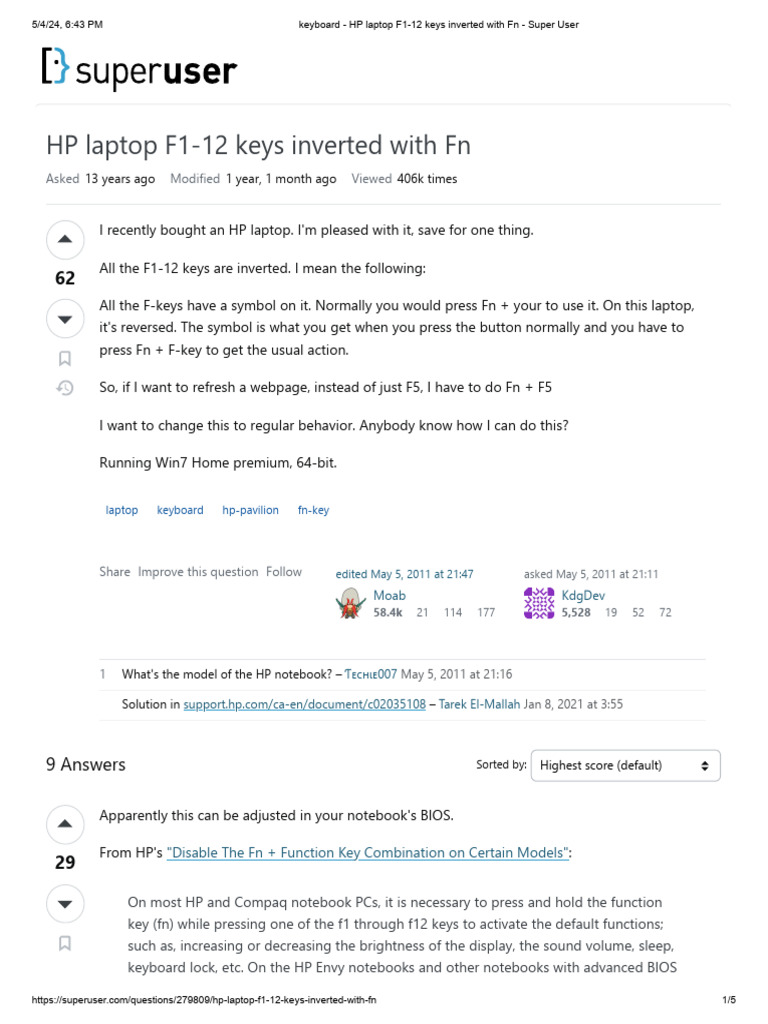 keyboard - HP laptop F1-12 keys inverted with Fn - Super User | PDF | Personal Computing ...
