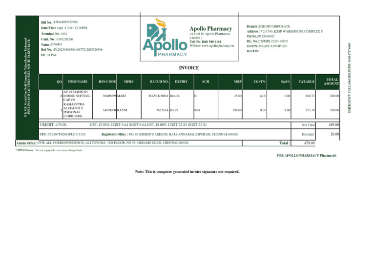 Apollo Pharmacy Invoice 15896 Details | PDF | Taxes | Government Finances