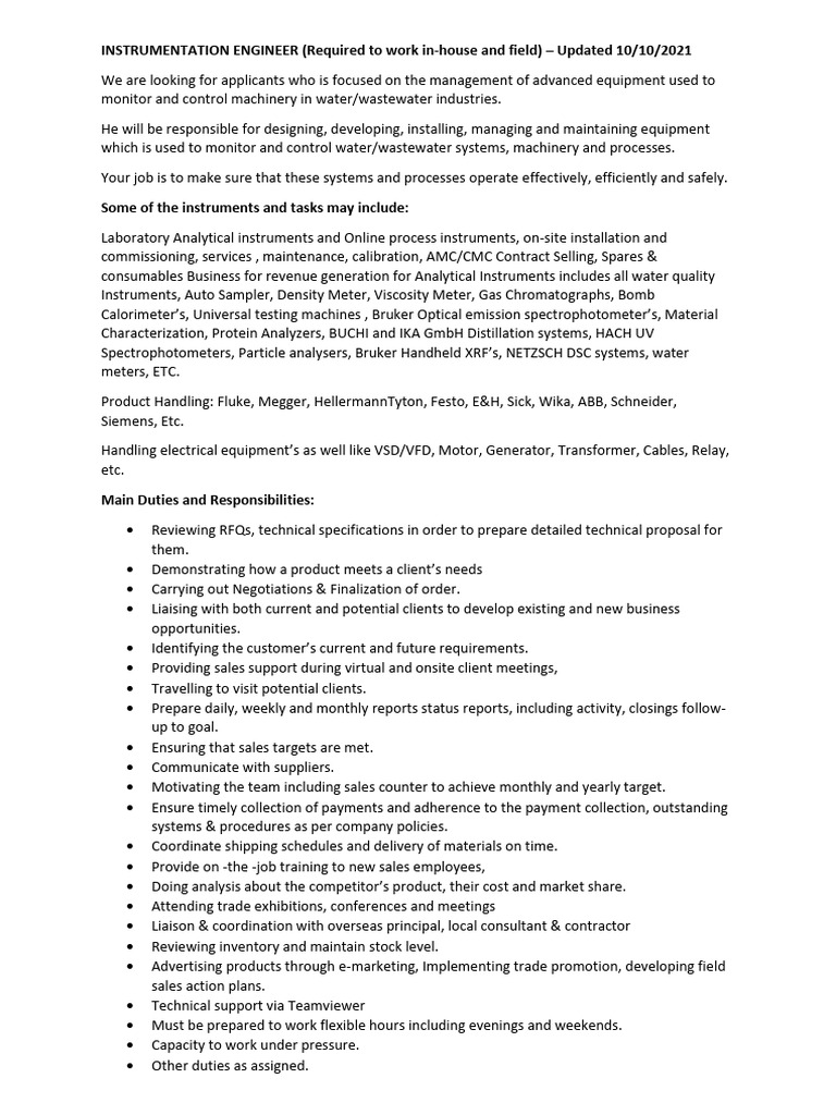 Instrumentation Engineer Job Overview | PDF | Performance Appraisal ...