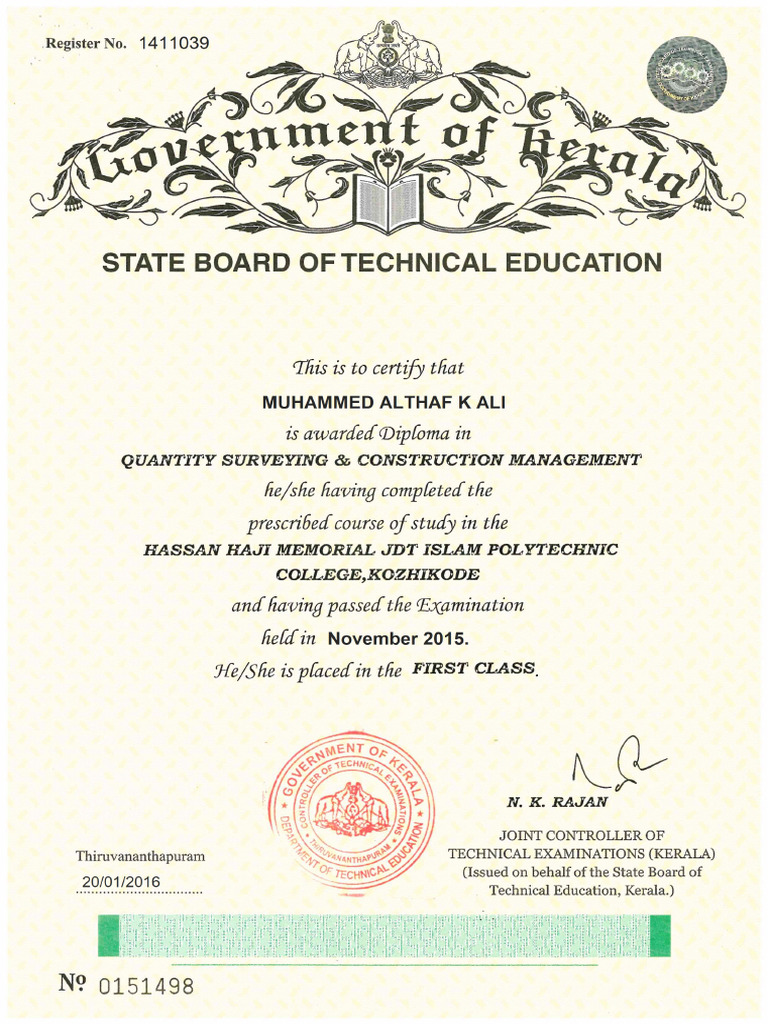 Muhammed Althaf Dilpoma Certificate | PDF