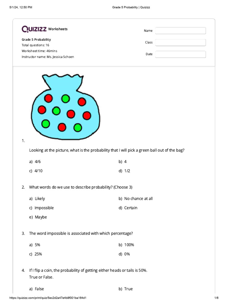 Grade 5 Probability - Quizizz | PDF | Odds | Probability Theory