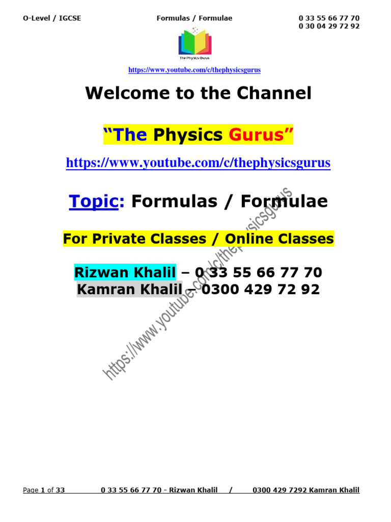 1. Formula List - O-Level Physics - IGCSE Physics | PDF | Electrical Resistance And Conductance ...