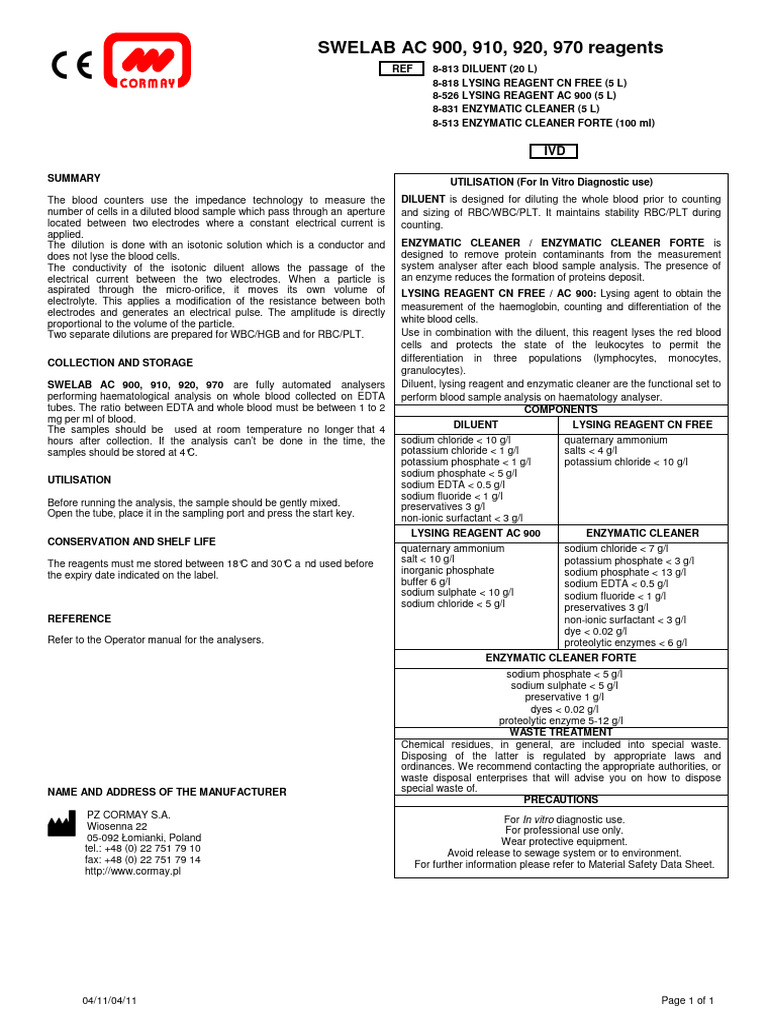 SWELAB AC 900, 910, 920, 970 Reagents | PDF | White Blood Cell | Biology