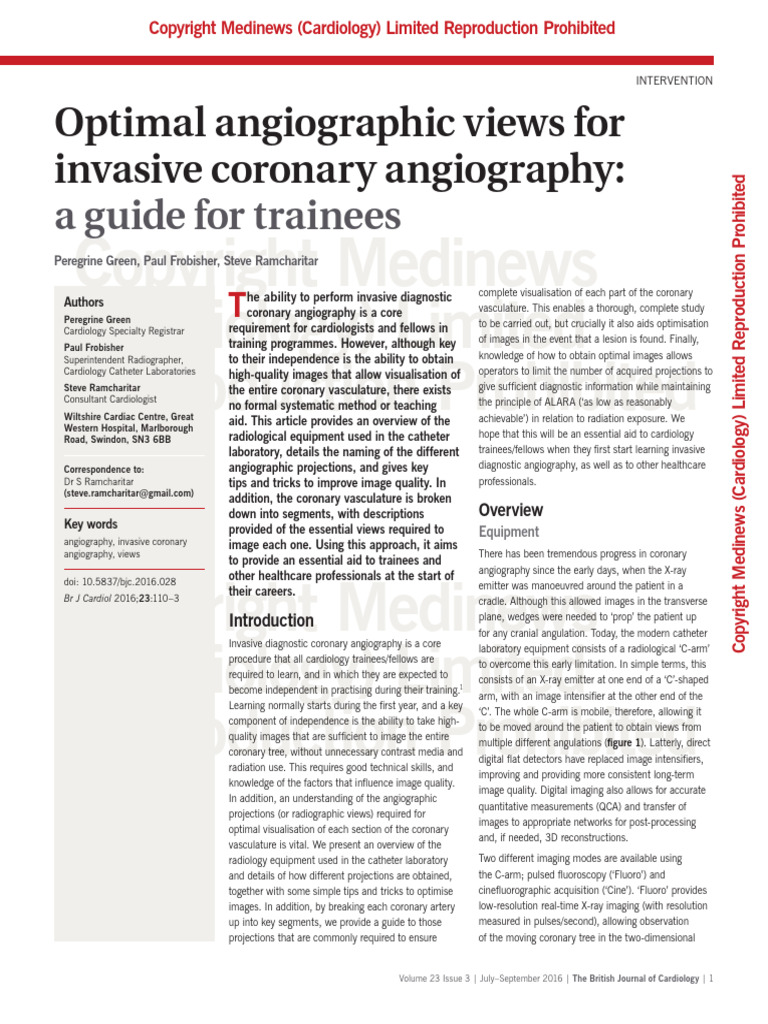 Angiographic Views For Coronary Angiography | PDF | Angiography | Ct Scan