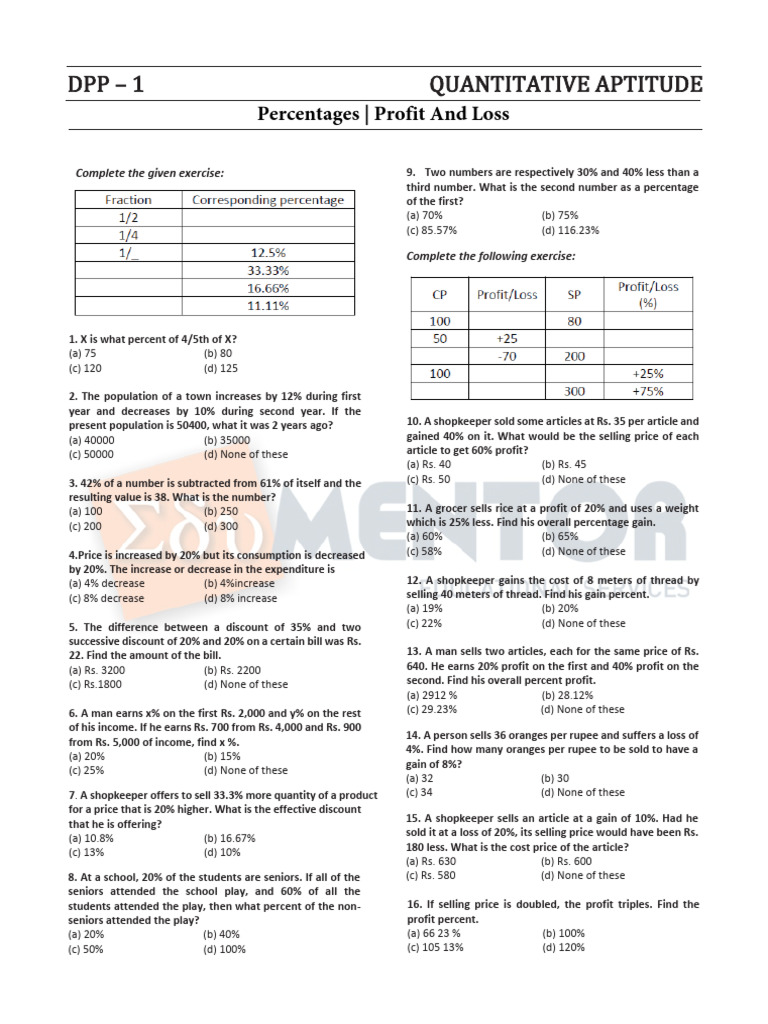 Quantitative Aptitude Practice Paper 1 | PDF | Profit (Economics) | Percentage