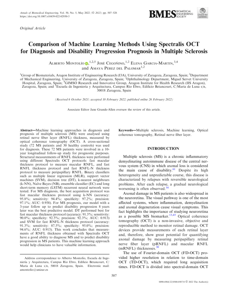 Comparison of Machine Learning Methods Using Spectralis OCT for Diagnosis and Disability ...
