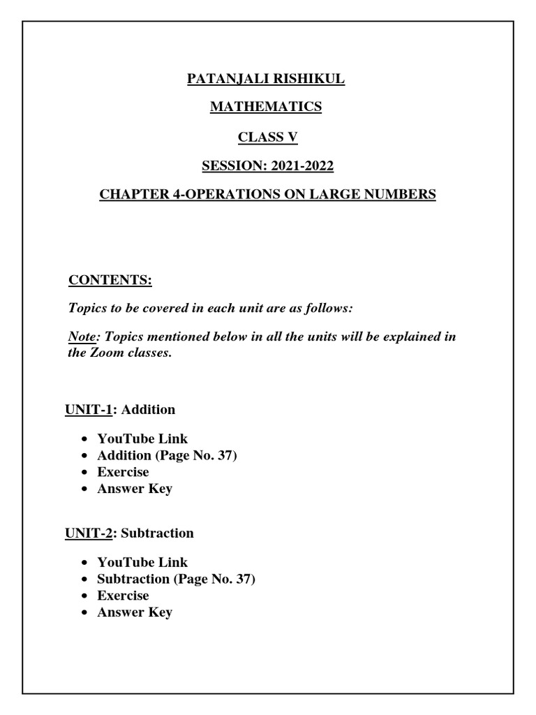 Class 5 Math: Operations on Large Numbers | PDF | Subtraction | Mathematics