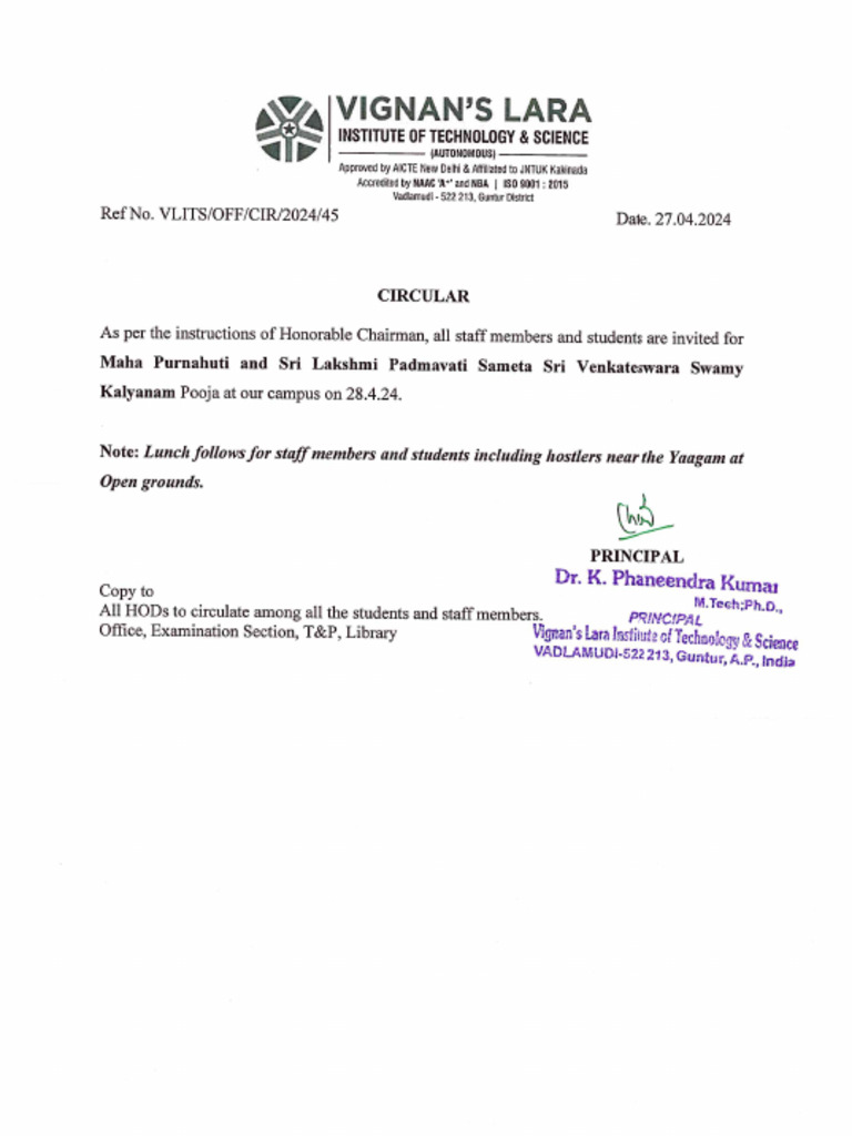 Circular (Sunday Pooja & Lunch) | PDF