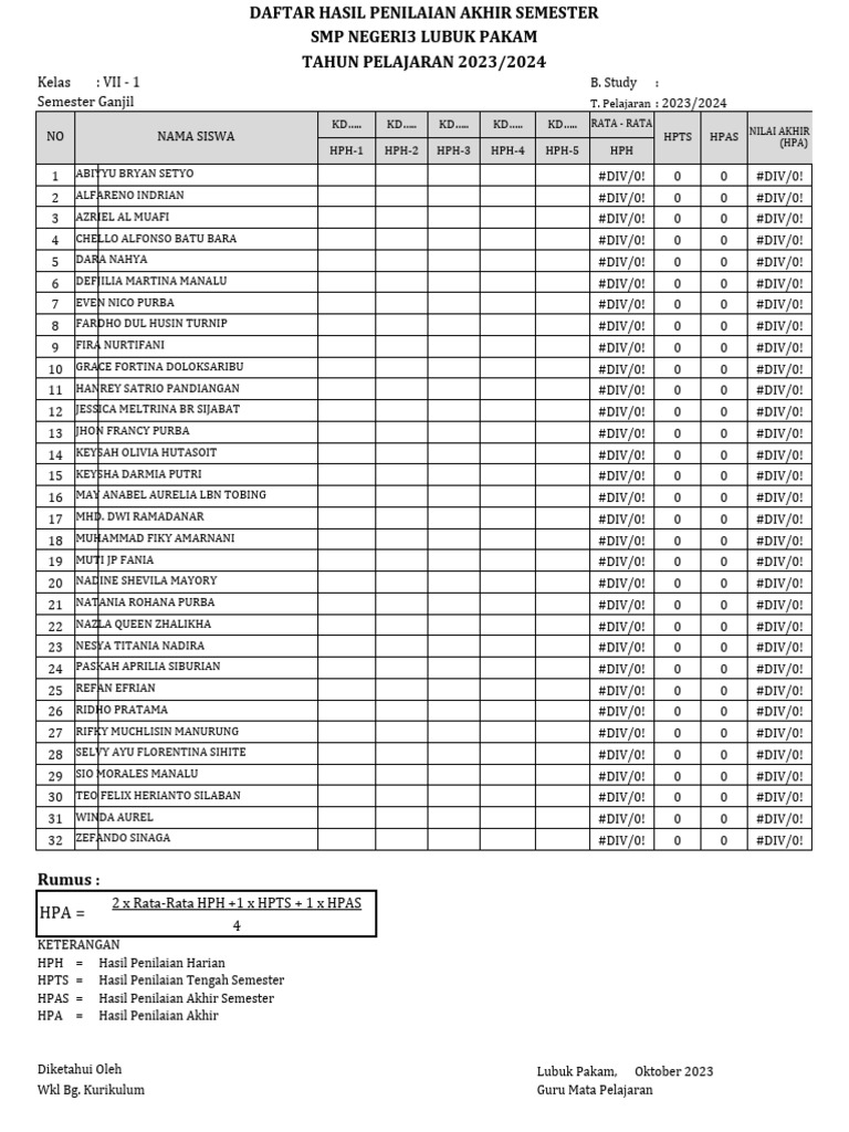 DAFTAR NILAI SEMESTER GANJIL 2023-2024 | PDF