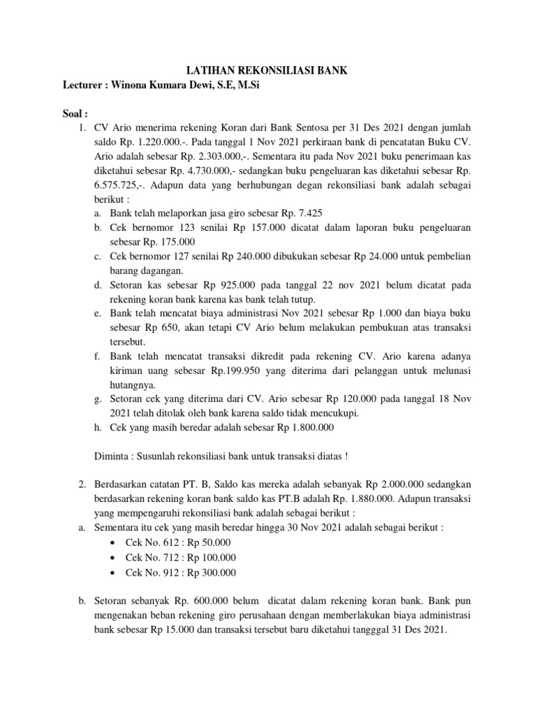 Soal Latihan Rekonsiliasi Bank Pdf