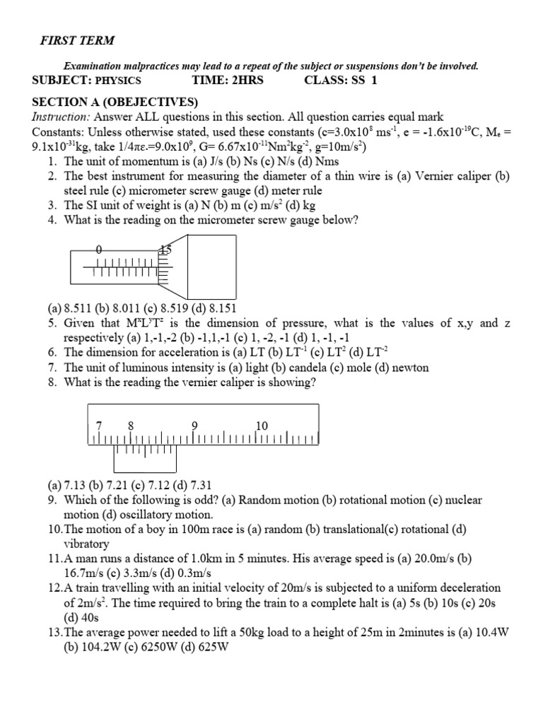 Ss 1 First Term Physics Examination-1 | PDF | Force | Friction