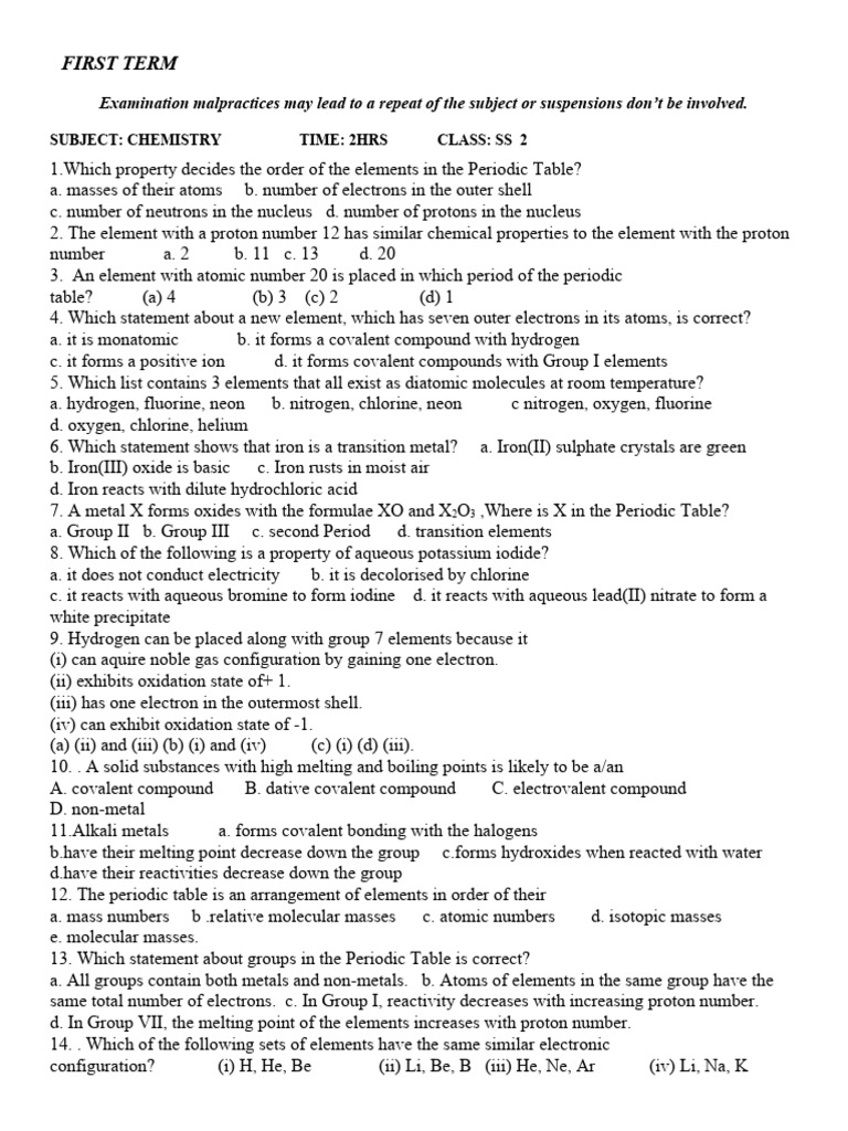 SS2 First Term Chemistry Exam Questions | PDF | Redox | Ion