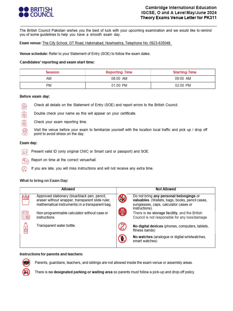 Exam Venue Guidelines for IGCSE 2024 | PDF