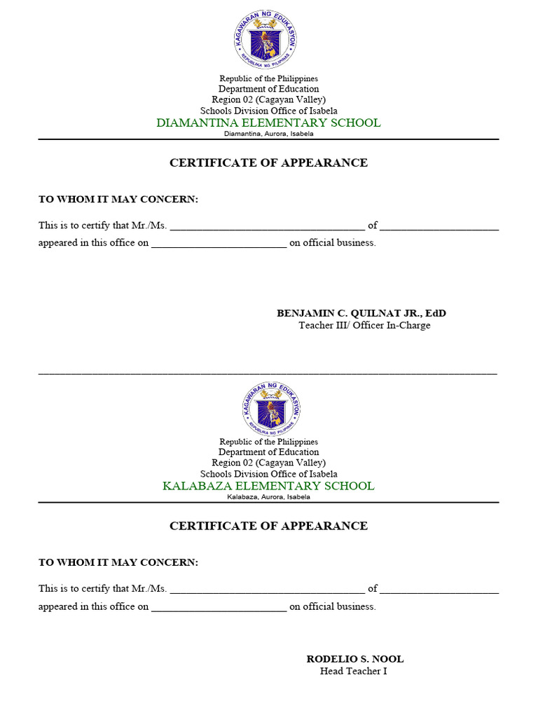 Certificate of Appearance - Isabela Schools | PDF | Philippines