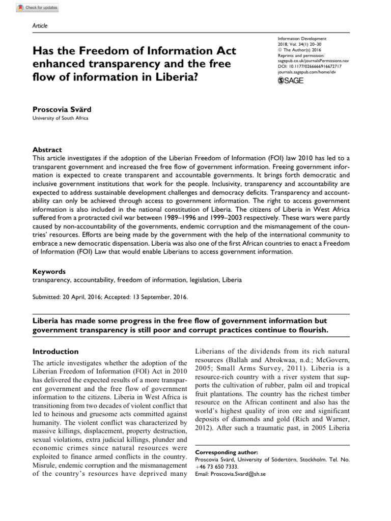 Proscovia Svard, Has The Freedom of Information Act Enhanced Transparency and | PDF | Liberia ...