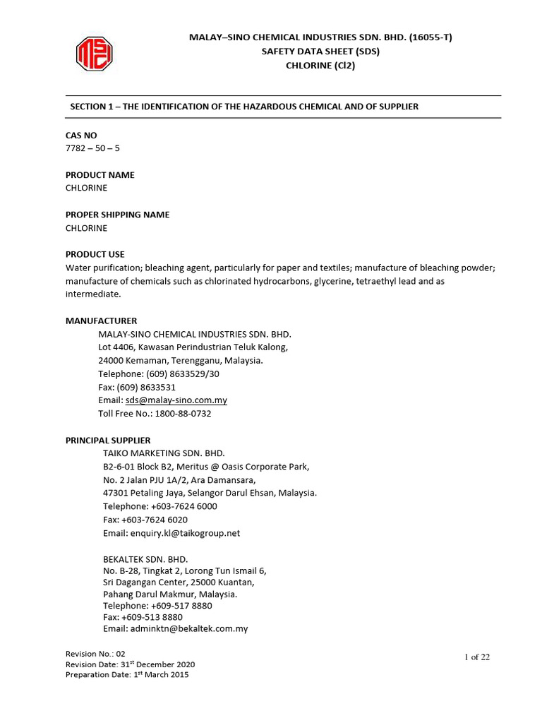 Chlorine (Cl2) Safety Data Sheet | PDF | Chlorine | Valve