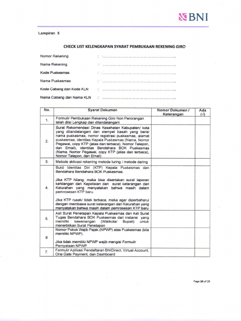 Bni - Check List Kelengkapan Syarat Pembukaan Rekening Giro | PDF