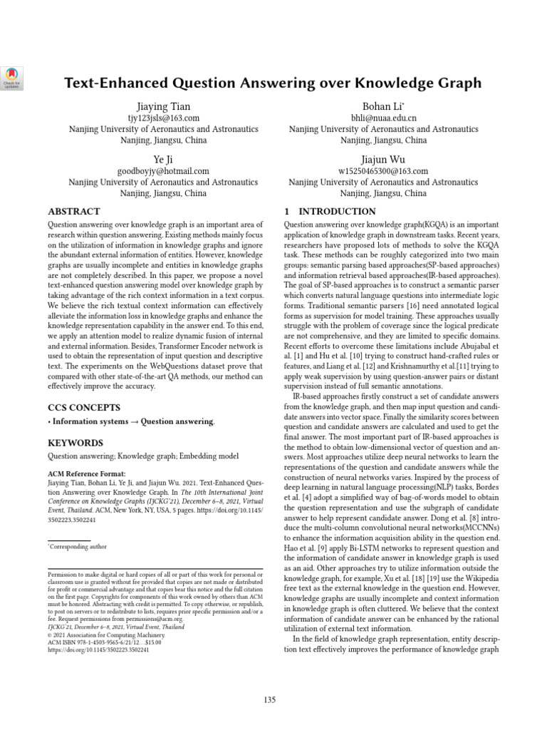 Text Enhanced Question Answering Over Knowledge Graph Pdf Cognitive Science Artificial 7785