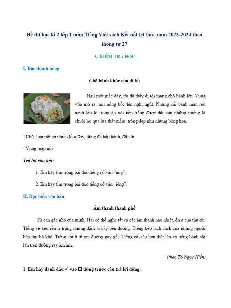 De Thi Hoc Ki 2 Lop 1 Mon Tieng Viet Sach Ket Noi Tri Thuc de 5 | PDF