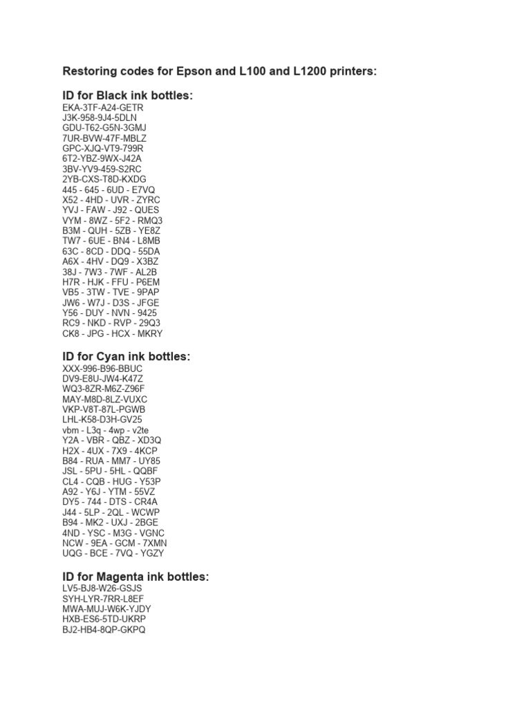 Ink Reset Codes For Epson and L100 and L1200 Printers | PDF | Artistic Techniques | Rainbow