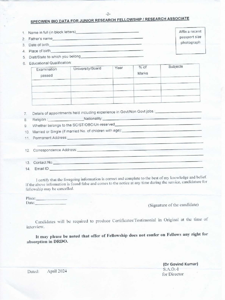 Junior Research Fellowship Bio Data Form | PDF