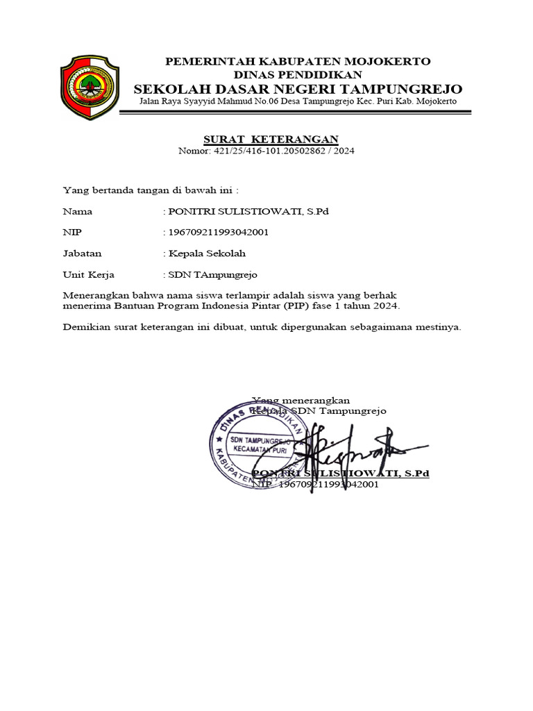 Contoh Surat Keterangan PIP 2024 | PDF | Ilmu Sosial