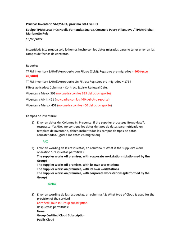 Pruebas de Inventario SAC/SARA GO-Live | PDF | Metodología de encuesta ...