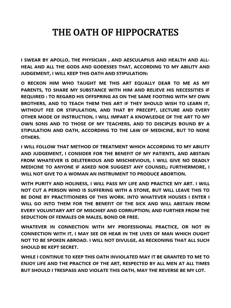 Hippocratic Oath Text and Principles | PDF