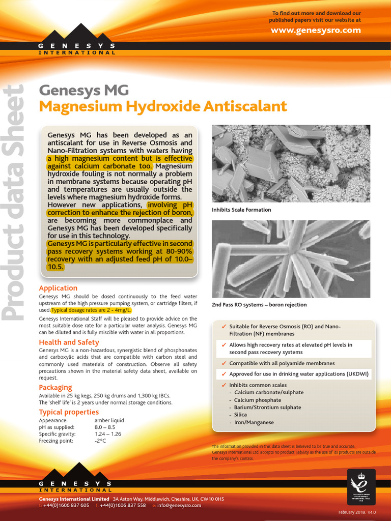 Genesys MG - Magnesium Hydroxide Antiscalant | PDF | Magnesium | Membrane
