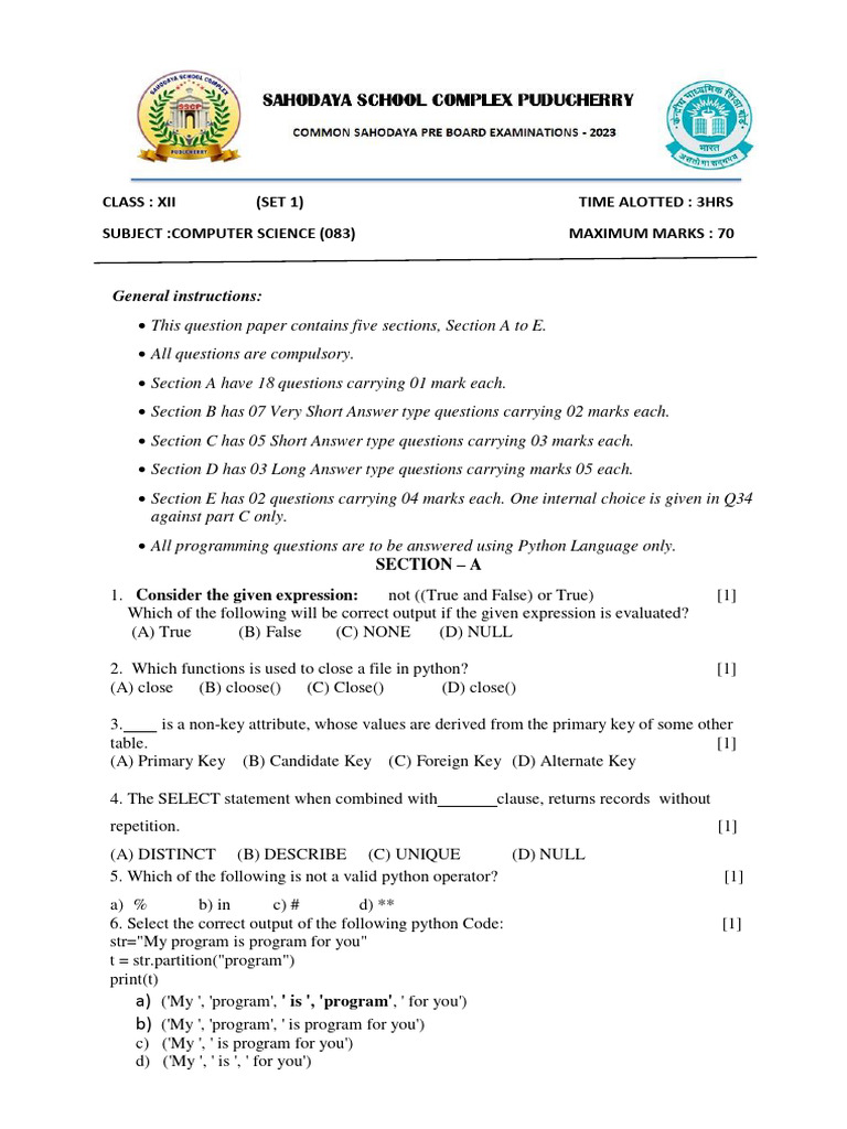 Class: Xii (SET 1) Time Alotted: 3Hrs Subject:Computer Science (083) Maximum Marks: 70 | PDF ...