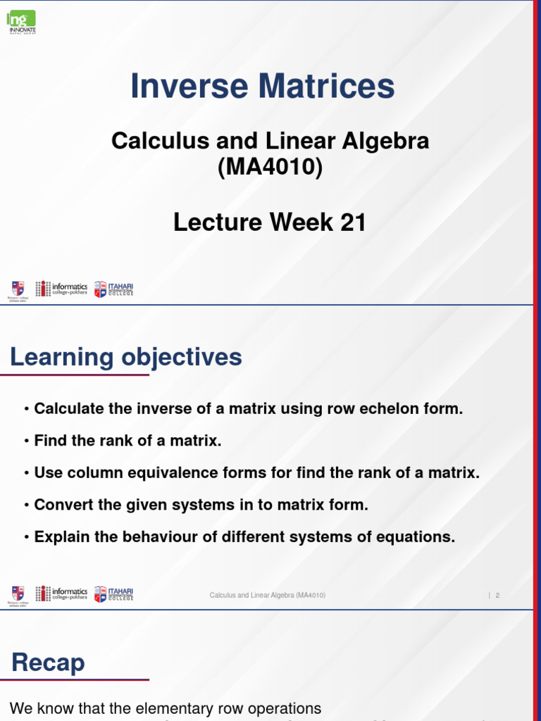 MA4010NI WK21 L Inverse Matrices 82863 | PDF | Matrix (Mathematics ...