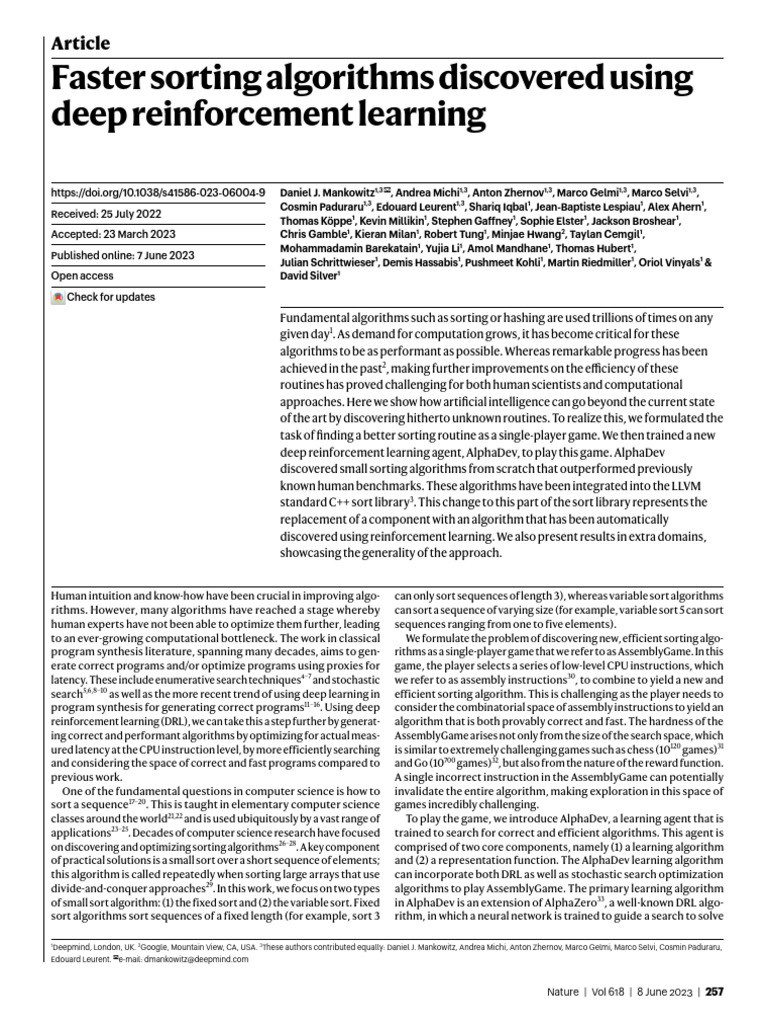 DeepMind - Faster Sorting Algorithms Discovered Using Deep Reinforcement Learning | PDF ...