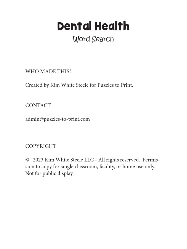 Dental Health Word Search | PDF | Word Search | Word Puzzles