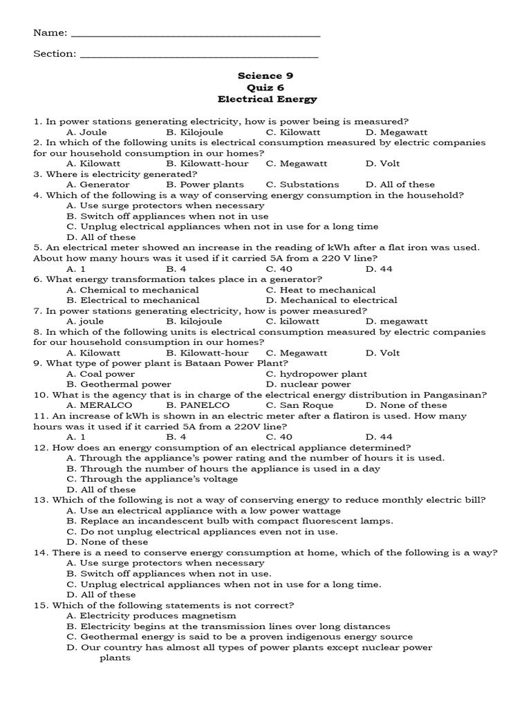 Electricity Practice Test for Students | PDF | Watt | Power Station