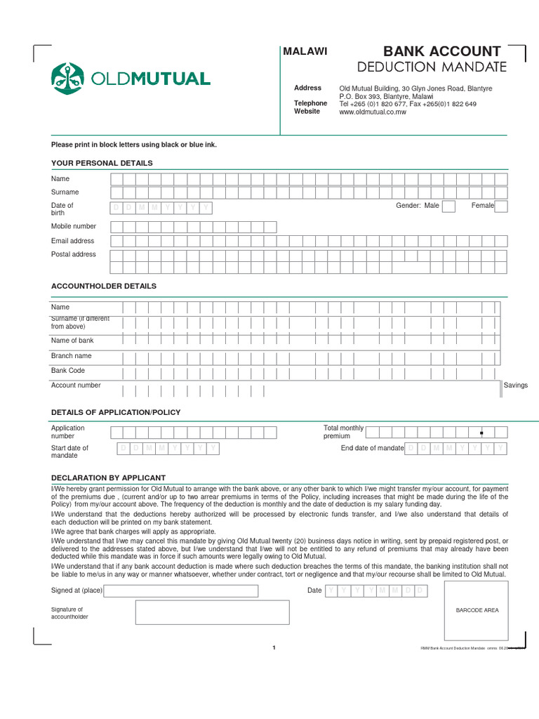 Old Mutual Debit Order Mandate Form | PDF | Banks | Financial Services