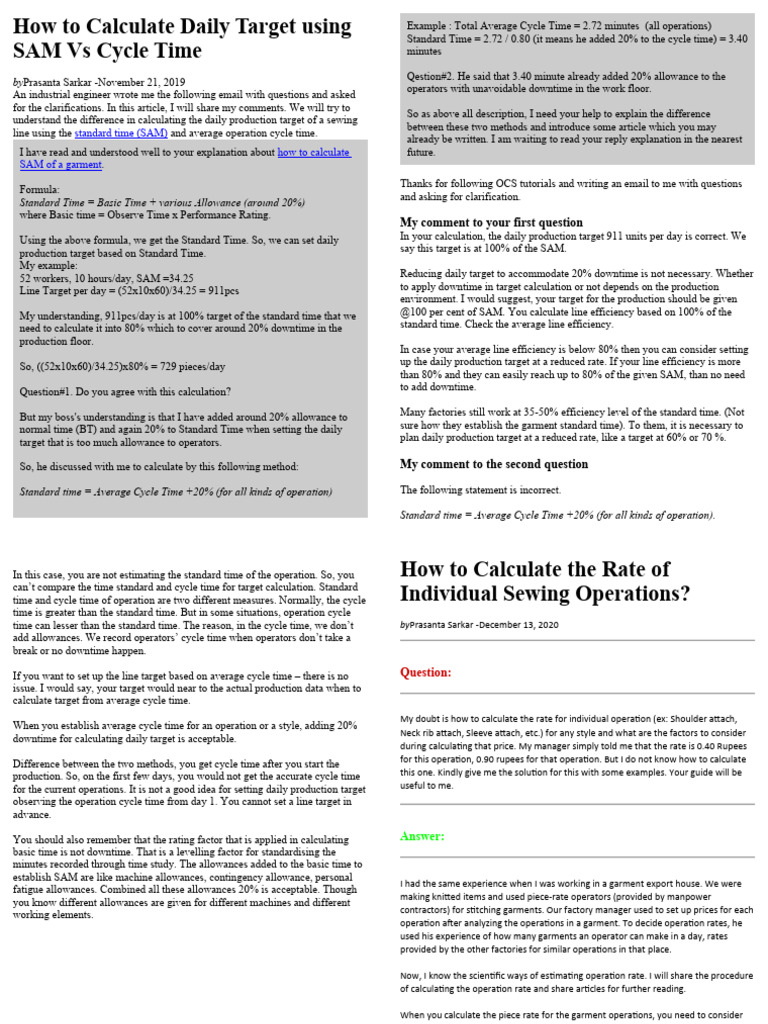 How To Calculate Daily Target Using SAM Vs Cycle Time | PDF | Piece Work