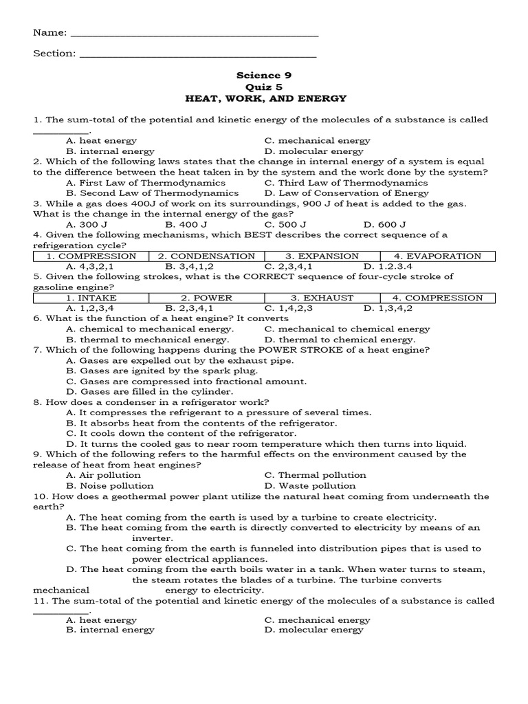Quiz 5 Heat Work and Energy | PDF | Heat | Internal Combustion Engine