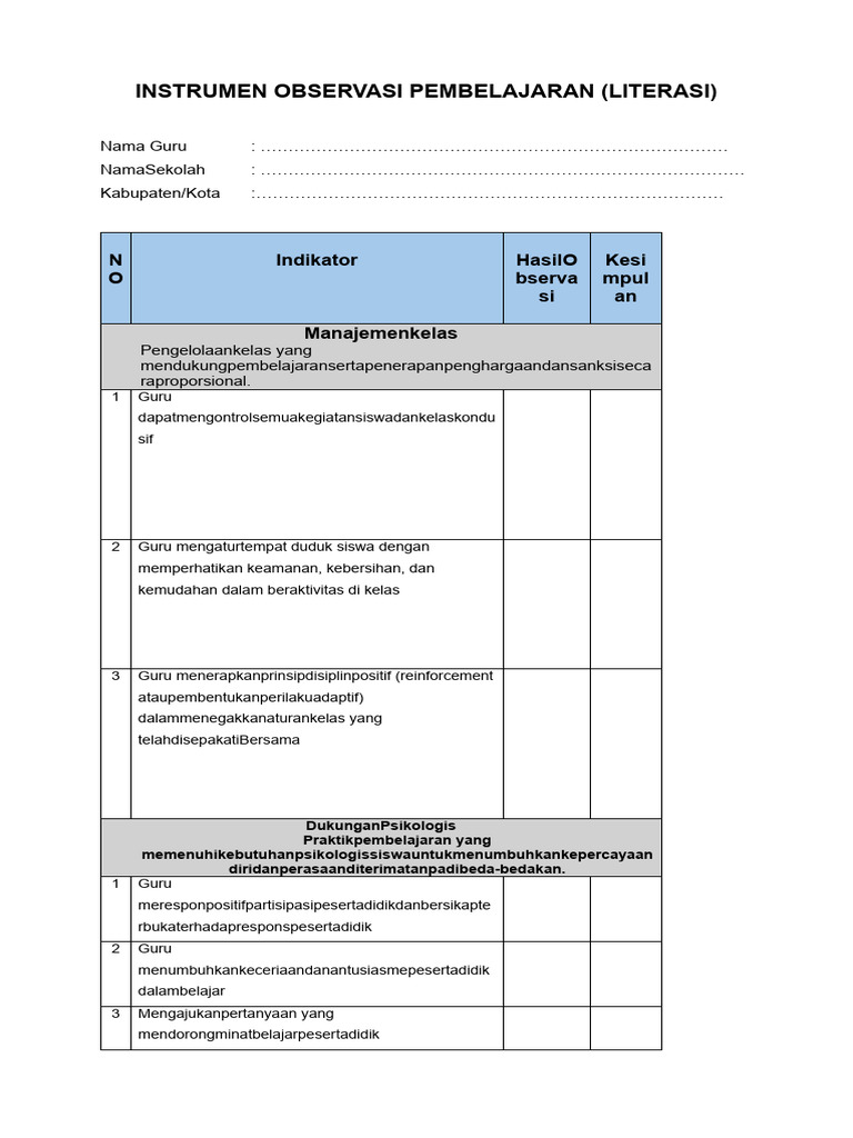 Instrumen Observasi Pembelajaran (Literasi) | PDF | Karier & Perkembangan | Pengembangan Diri