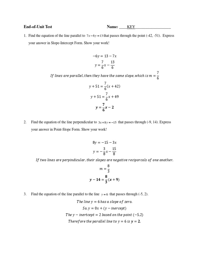 Unit Test Key | PDF | Algebra | Equations