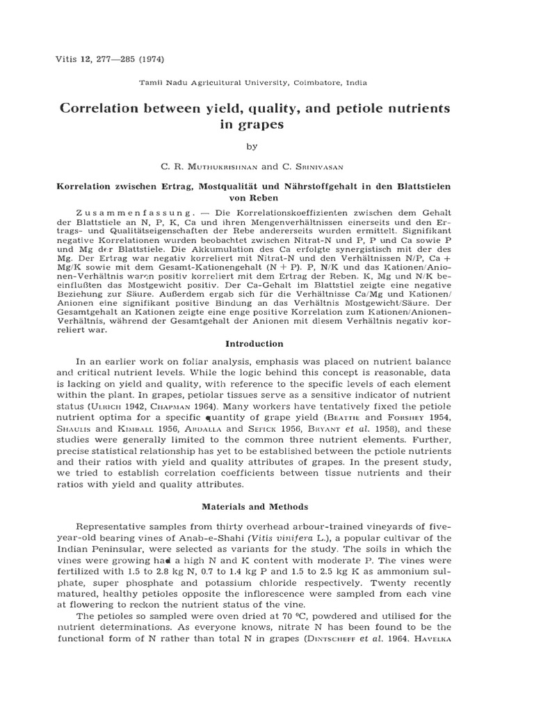 Correlation Between Yield, Quality, and Petiole Nutrients in Grapes ...